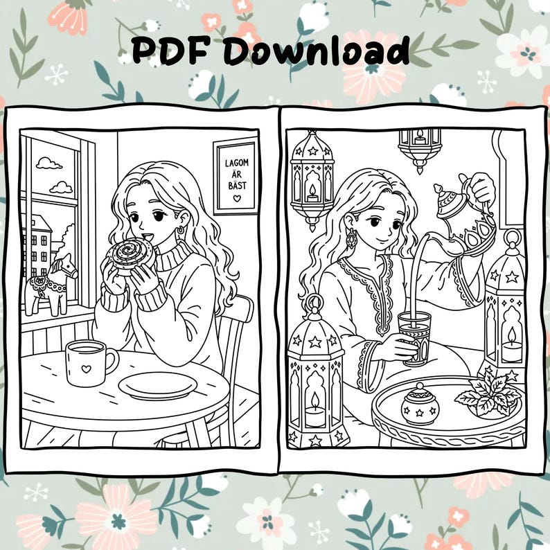 10 Bold Travel Coloring Pages, Around the World Scenes, Cozy Cafe Art ...