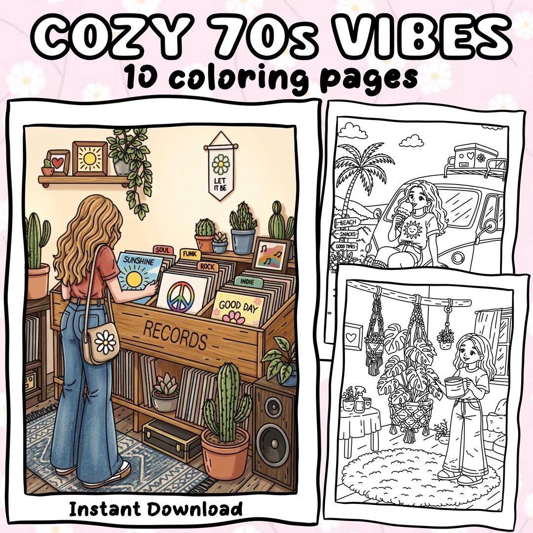 10 Retro 70s Coloring Pages, Indoor Plants, Vinyl Records, Hygge Home ...