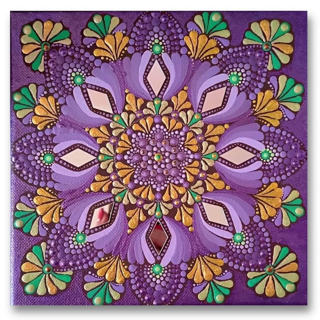Purple Gold Mandala Dot Art Painting With Mirrors, Original Acrylic ...