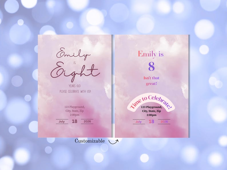 Kid's Birthday Editable Invitation Template, Pink Cloud Design (digital ...
