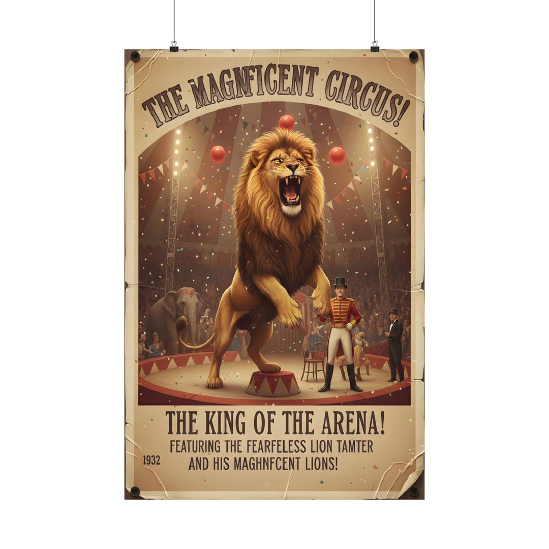 Vintage Circus Lion Satin Poster | Retro Carnival Wall Art | Antique ...