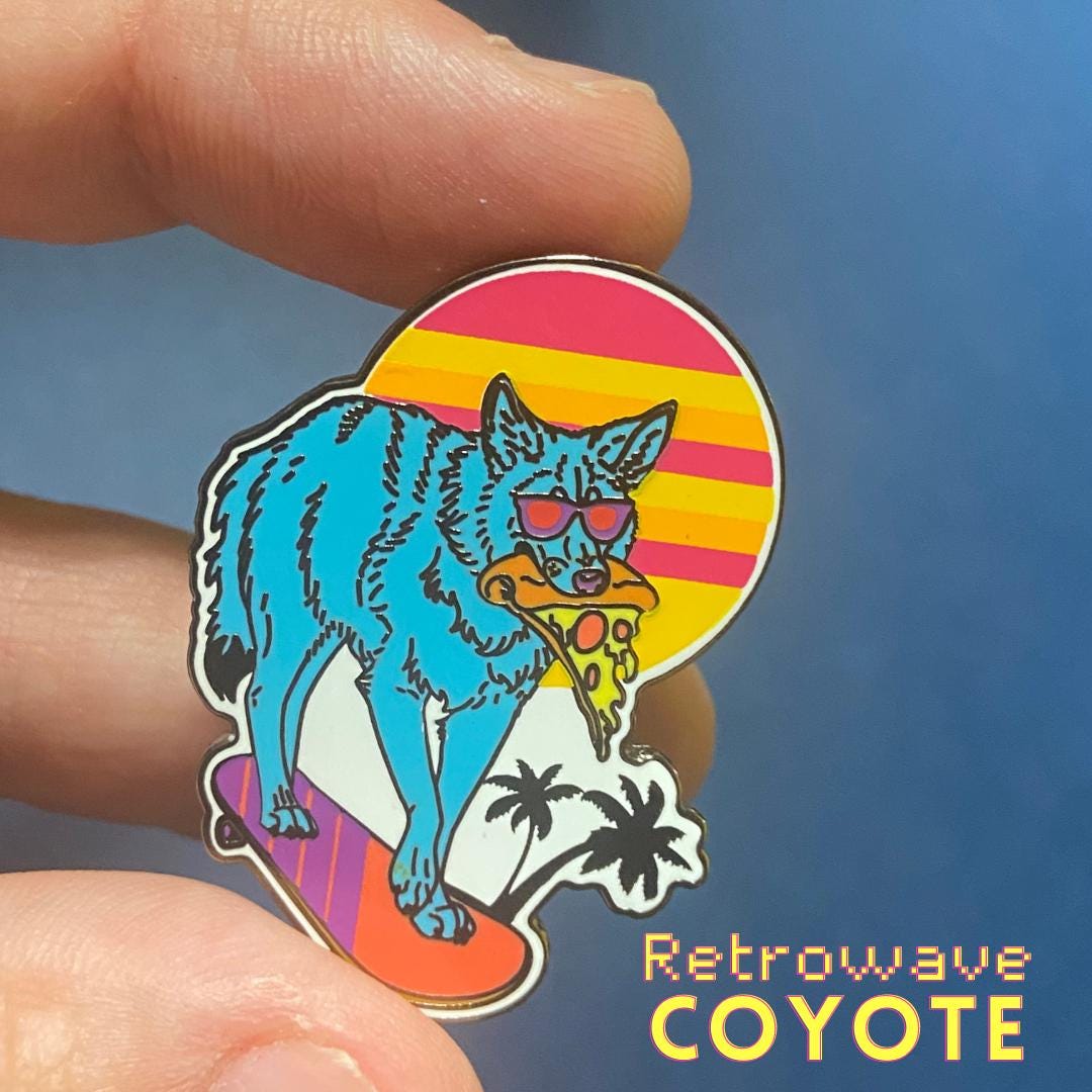 Retrowave Coyote Enamel Pin With Skateboarding Coyote Eating Pizza ...