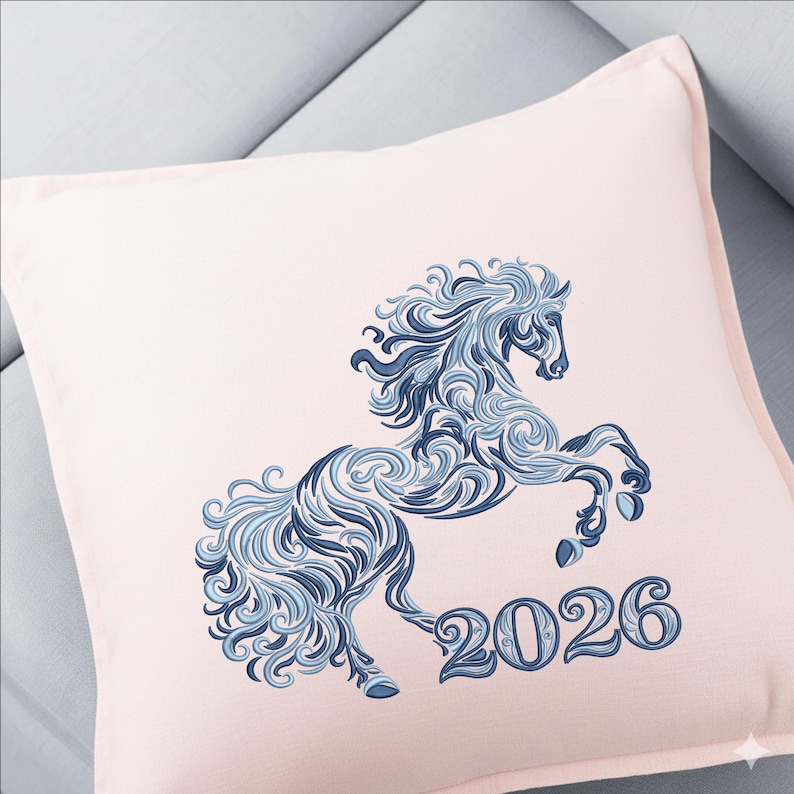 Blue Horse Embroidery Design, Year 2026 Zodiac Art, Elegant Running ...