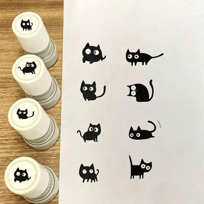 Adorable Black Cat Stamp, Cute Kawaii Stationery Art,large Expressive ...