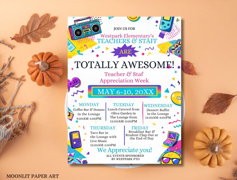 Editable 90s Theme Teacher Appreciation Flyer: Retro Itinerary Template ...