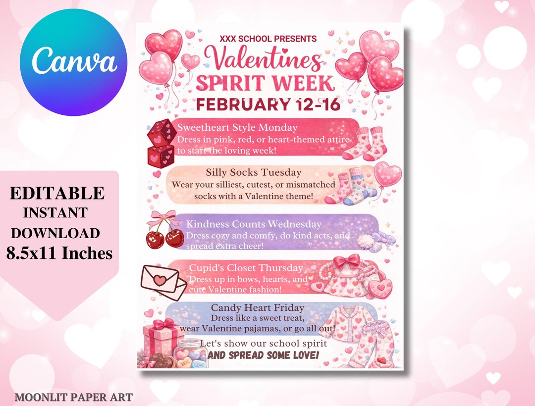 Valentines Day Spirit Week Flyer, Class Party Flyer, Valentines Week ...