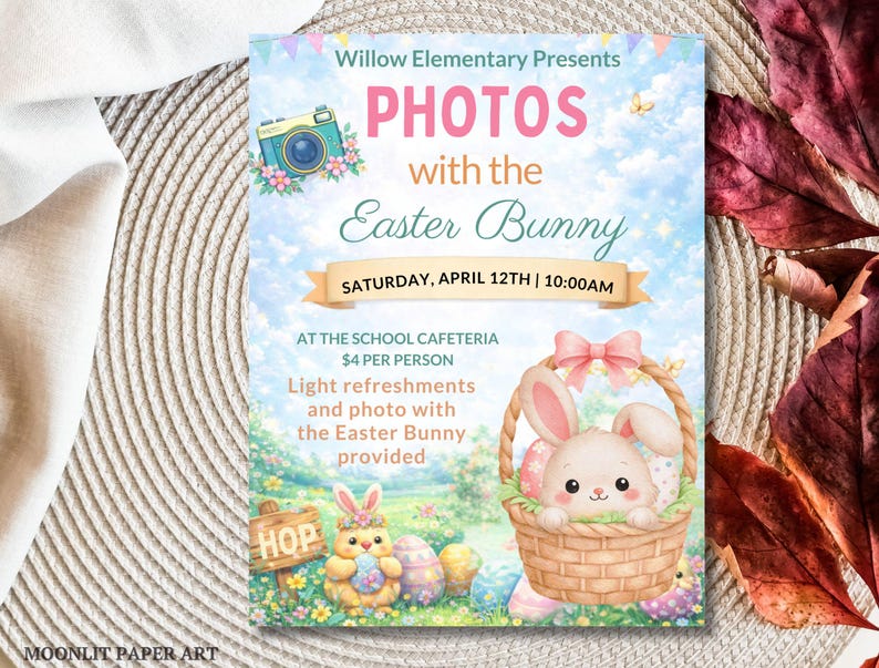 Easter Bunny Photo Flyer Template, School Event, Editable Canva (8.5" X ...