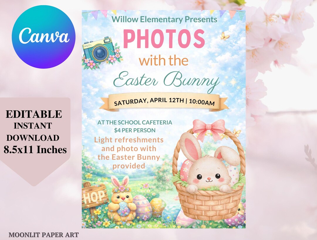 Easter Bunny Photo Flyer Template, School Event, Editable Canva (8.5" X ...