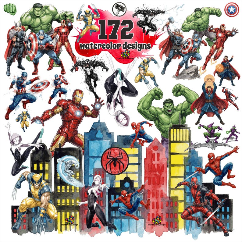 Watercolor Superhero Clipart Bundle: Marvel-style Heroes (PNG Digital ...