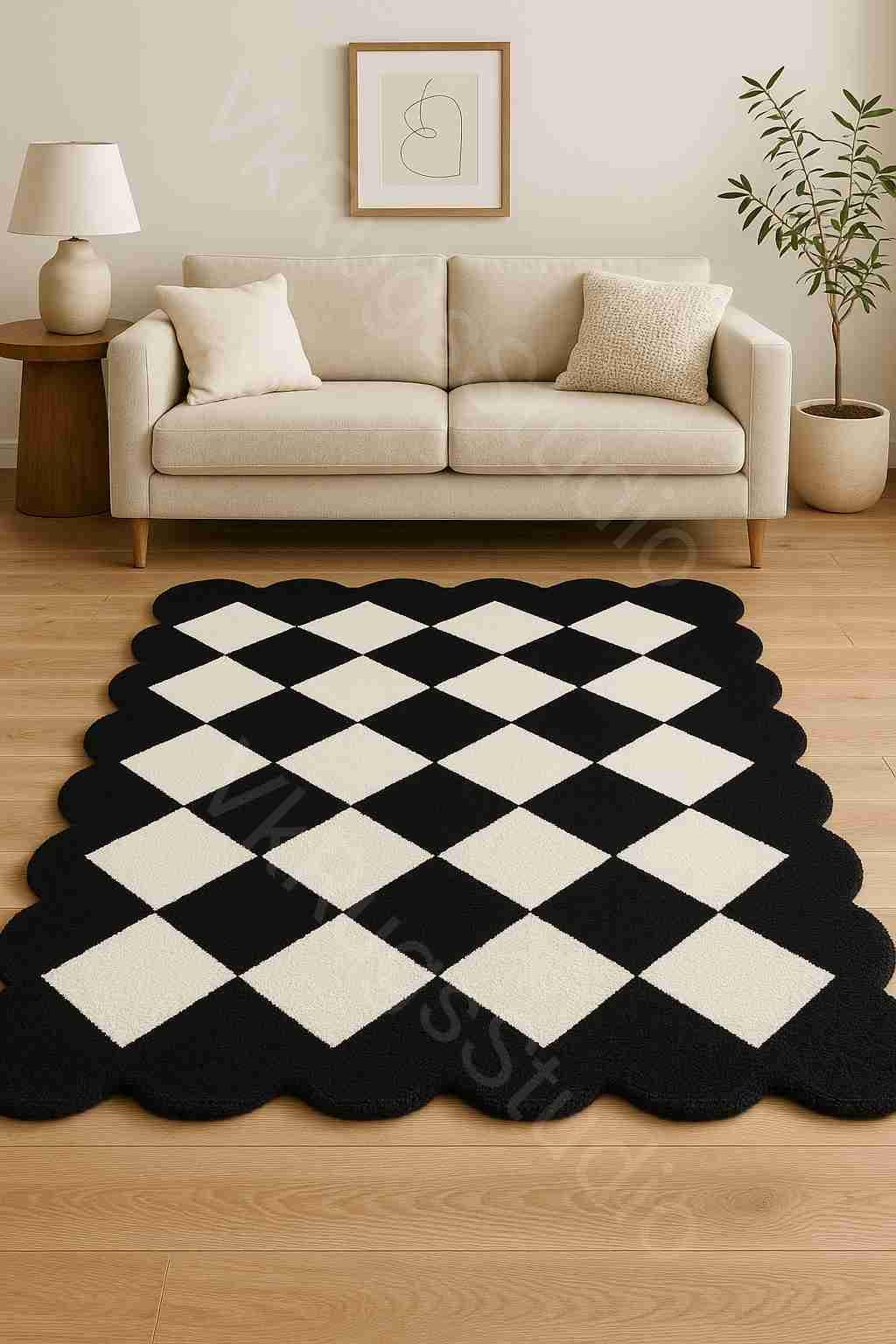 Handmade Black & White Checkered Rug | Scalloped Checkerboard Carpet - Etsy