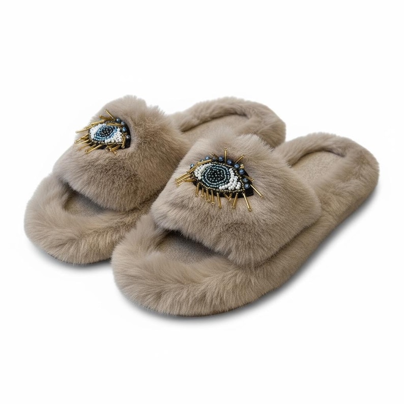 Beaded Evil Eye Furry Open Slippers - Etsy