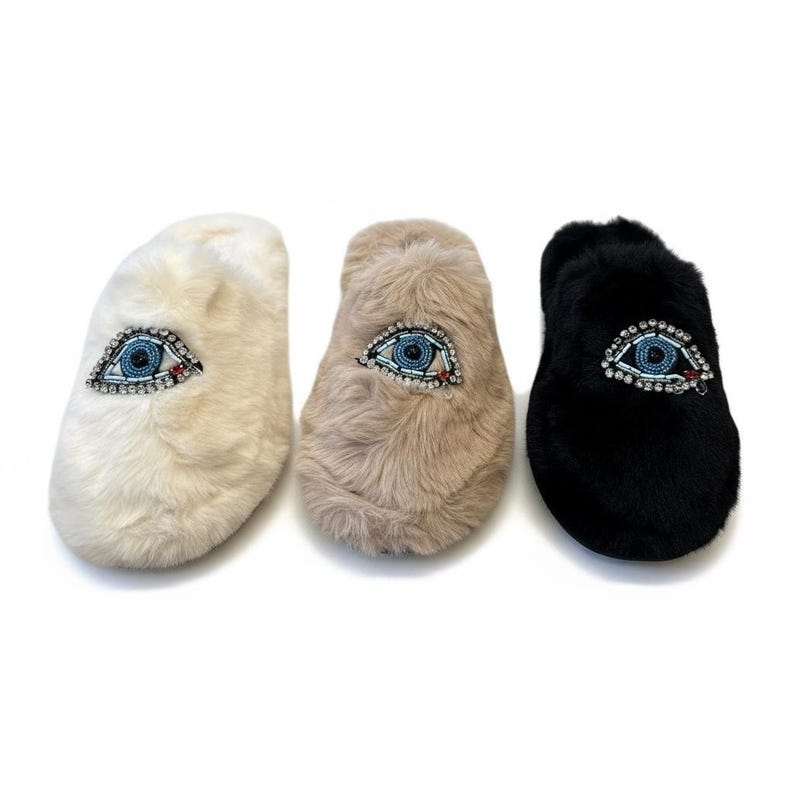 Beaded Evil Eye Furry Closed Slippers - Etsy