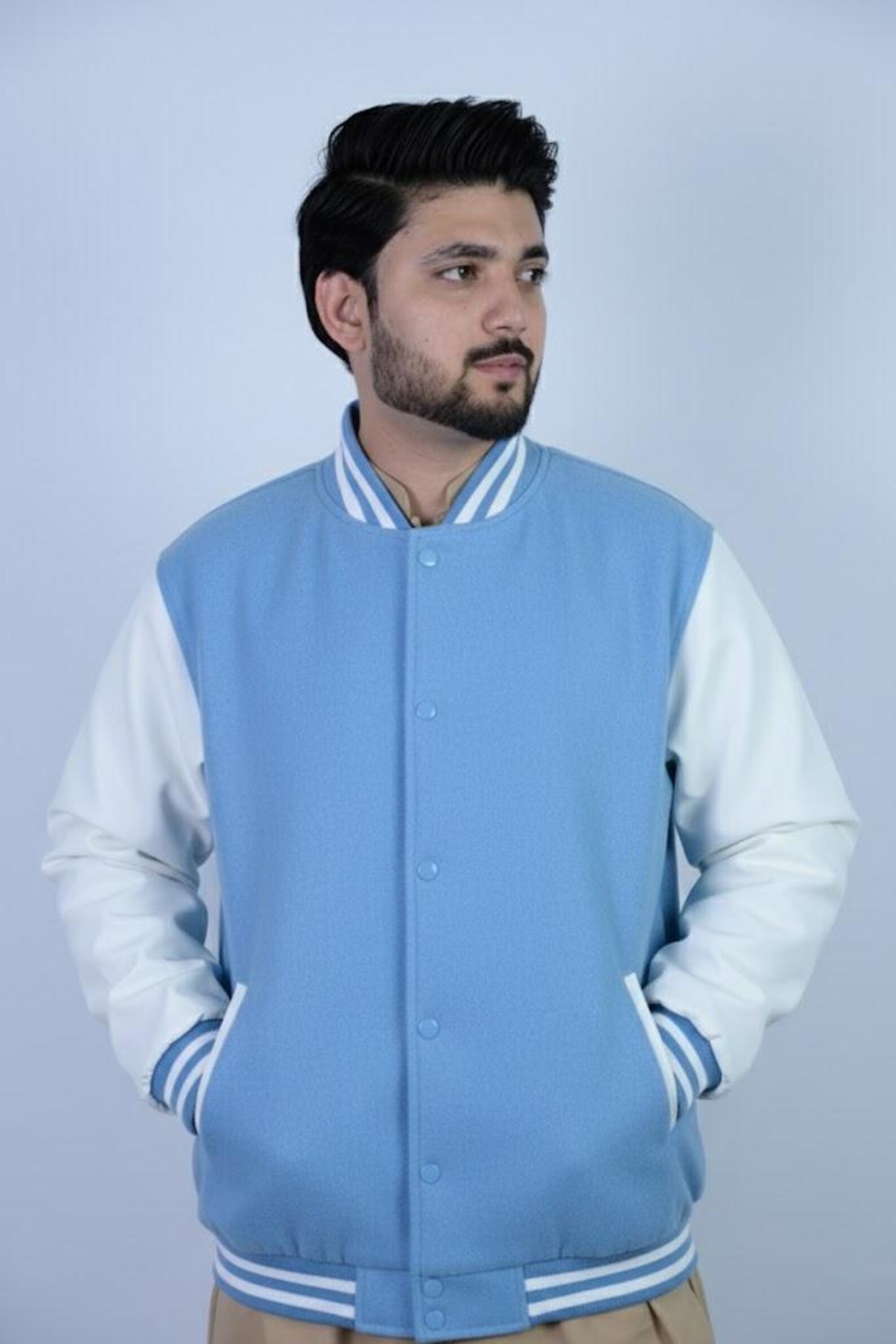 Light Blue Wool Varsity Jacket With White Sleeves Customizable - Etsy