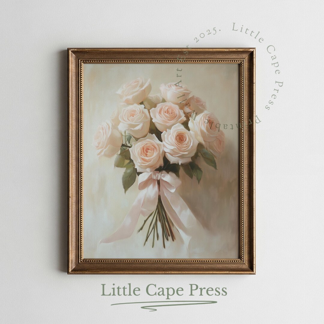 Vintage Blush Roses Bouquet Painting - Romantic Floral Still Life, Soft ...