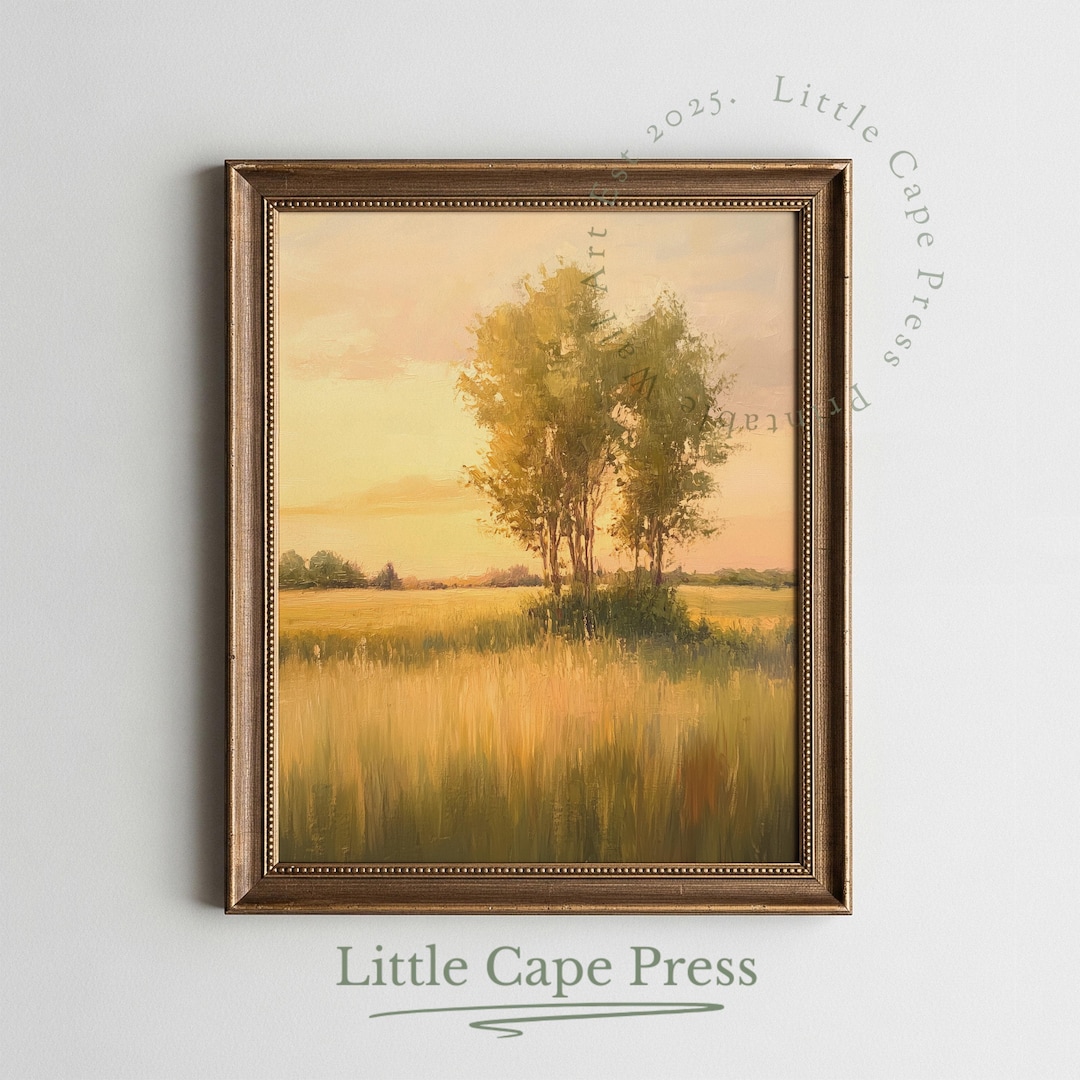 Cottagecore Meadow at Sunset - Cozy Tree Cluster Pastoral Scene, Warm ...