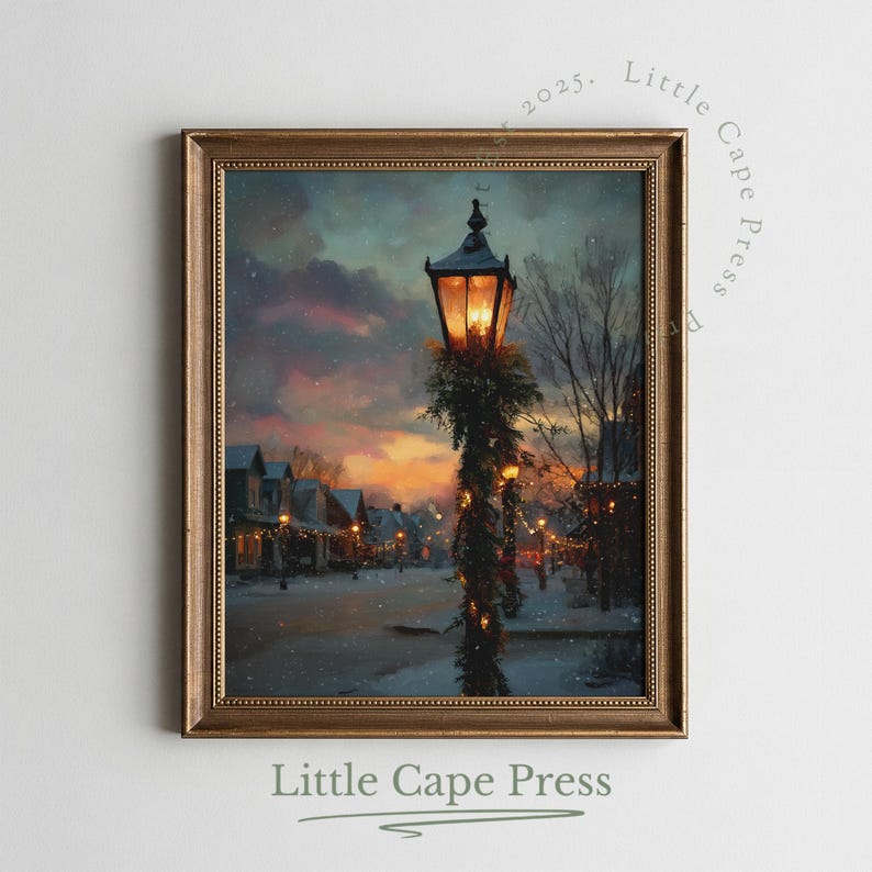 Printable Festive Village Lamp Post Scene - Cozy Winter Landscape Art ...