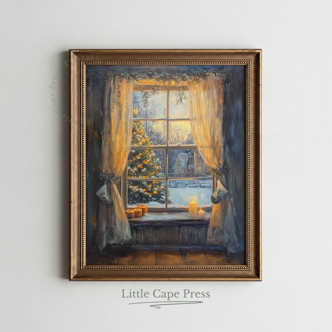 Vintage Cottage Window Christmas Scene - Cozy Festive Winter Painting ...