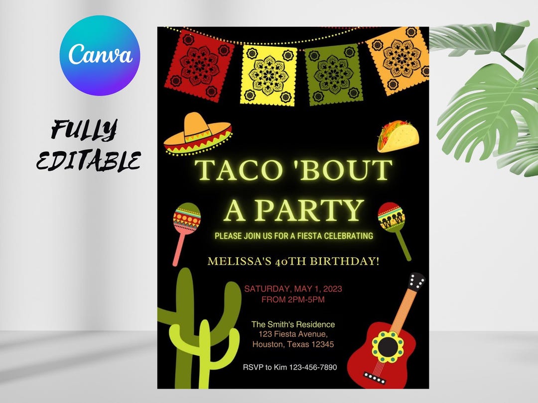 Editable Taco 'bout a Party Invitation, Fiesta Invitation, Birthday ...