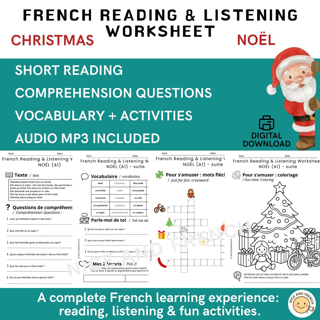 French Christmas Reading & Listening Worksheet A1 | Christmas PDF ...