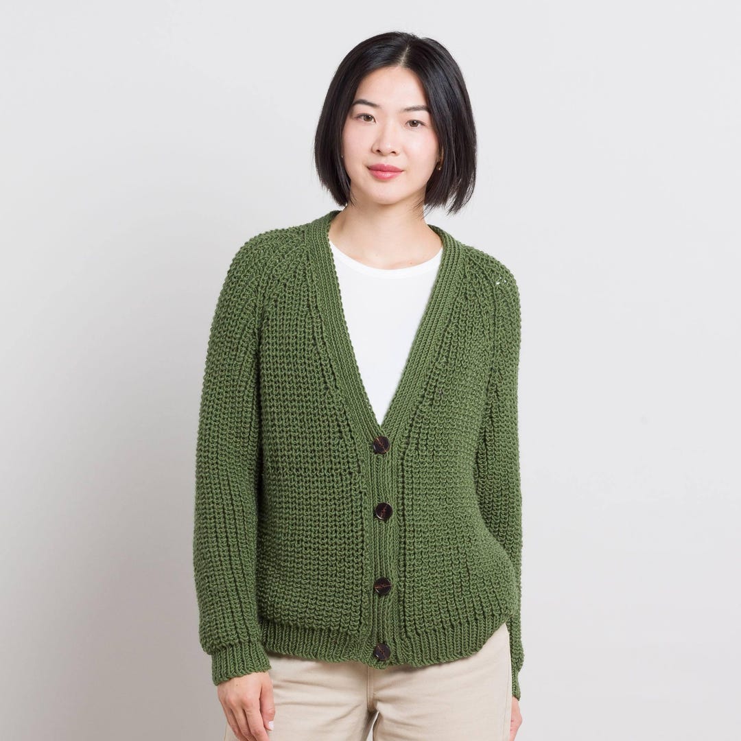 Rib Cardigan Knitting Pattern, Beginner V Neck Raglan Sweater (PDF ...