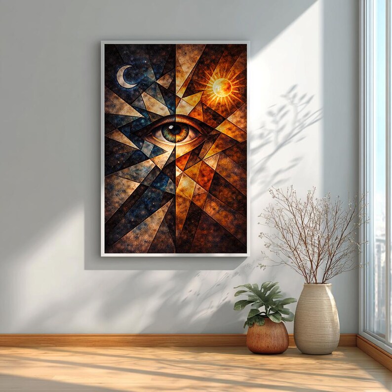 Abstract Sun and Moon Framed Wall Art, Modern Geometric Cosmic Balance ...