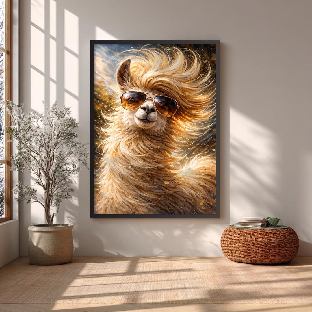 Funny Llama Framed Wall Art, Cool Animal With Dramatic Hair Oversized ...