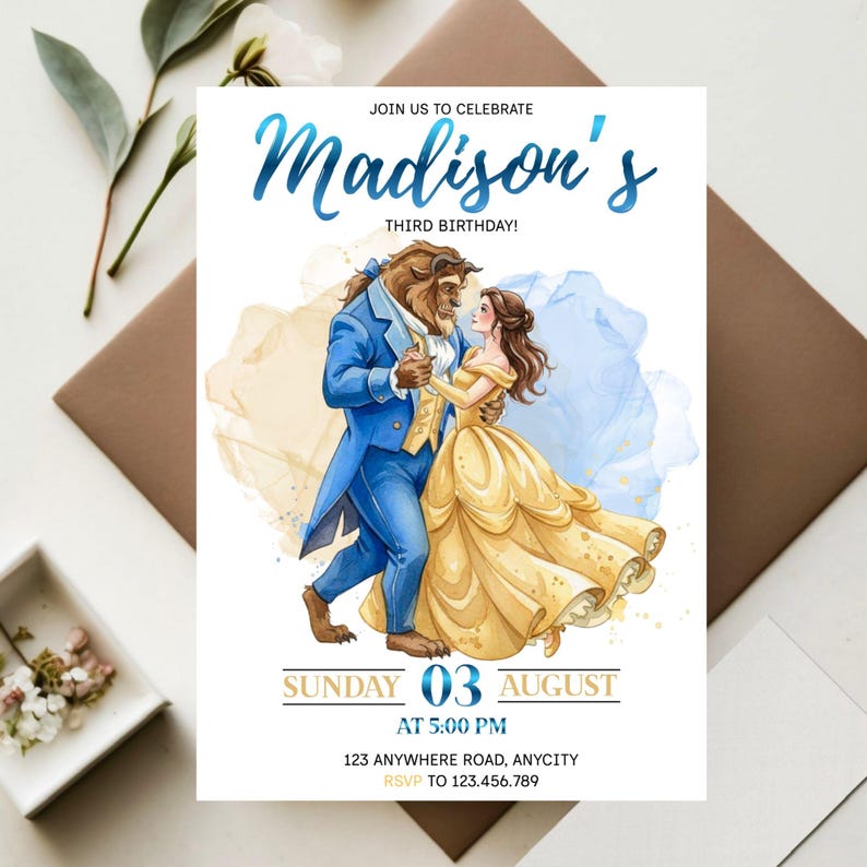 Watercolor Belle Birthday Invitation, Beauty and the Beast (Editable ...