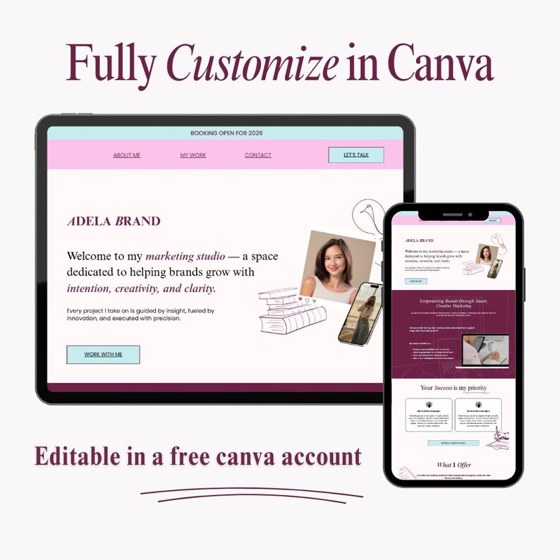 Editable Website Canva Template Marketing Portfolio Blue Pink Purple ...