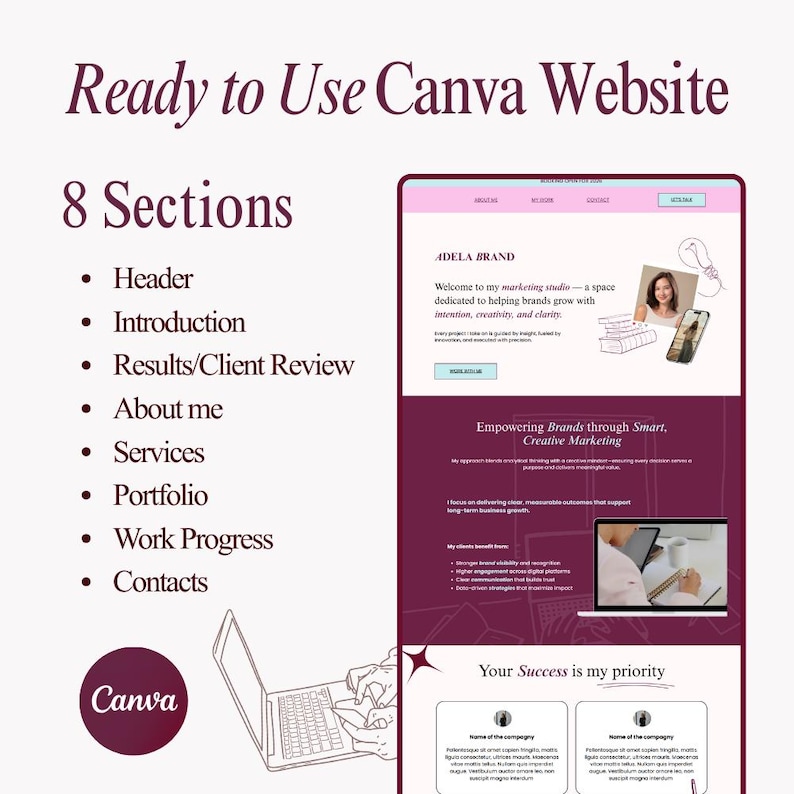 Editable Website Canva Template Marketing Portfolio Blue Pink Purple ...