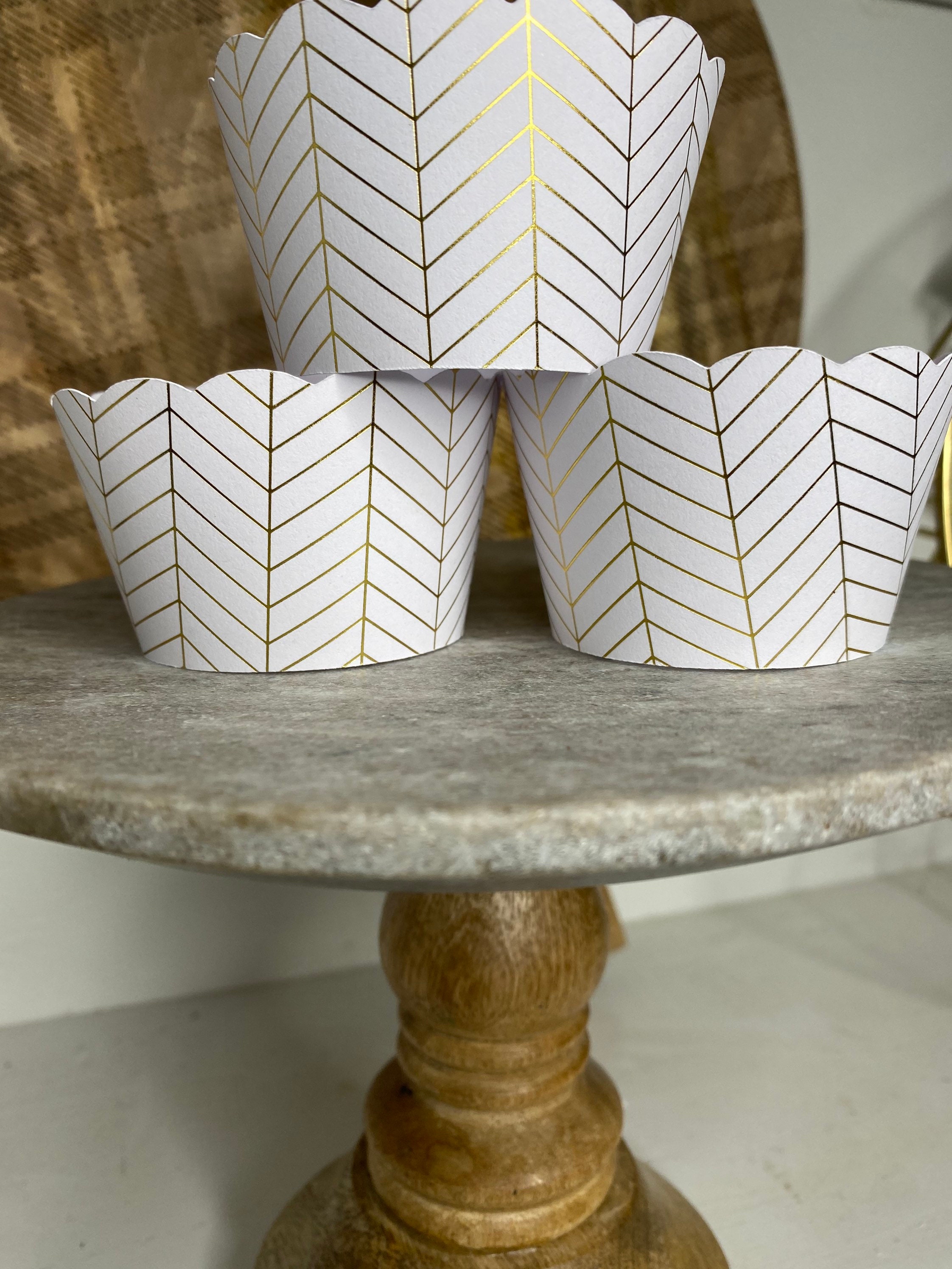 White and Gold Foil Herringbone Wrappers, Wedding Cupcake Wrappers ...