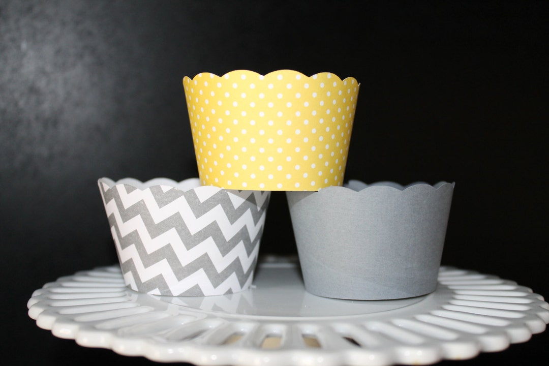 Chevron Stripe, Yellow and White Polka Dot and Solid Grey Cupcake ...