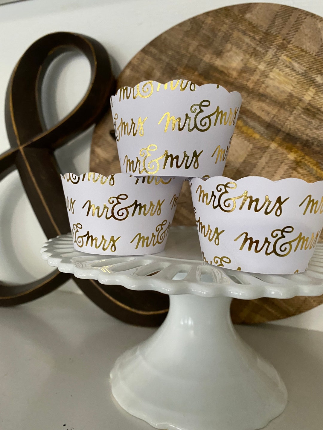 White and Gold Mr. & Mrs. Wrappers , Engagement Cupcake Wrappers, Wedding Cupcake Wrappers, Save ...