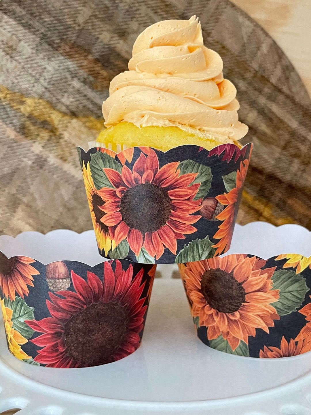 Fall Sunflower Wrappers , Rustic Cupcake Wrappers, Wedding Cupcake ...