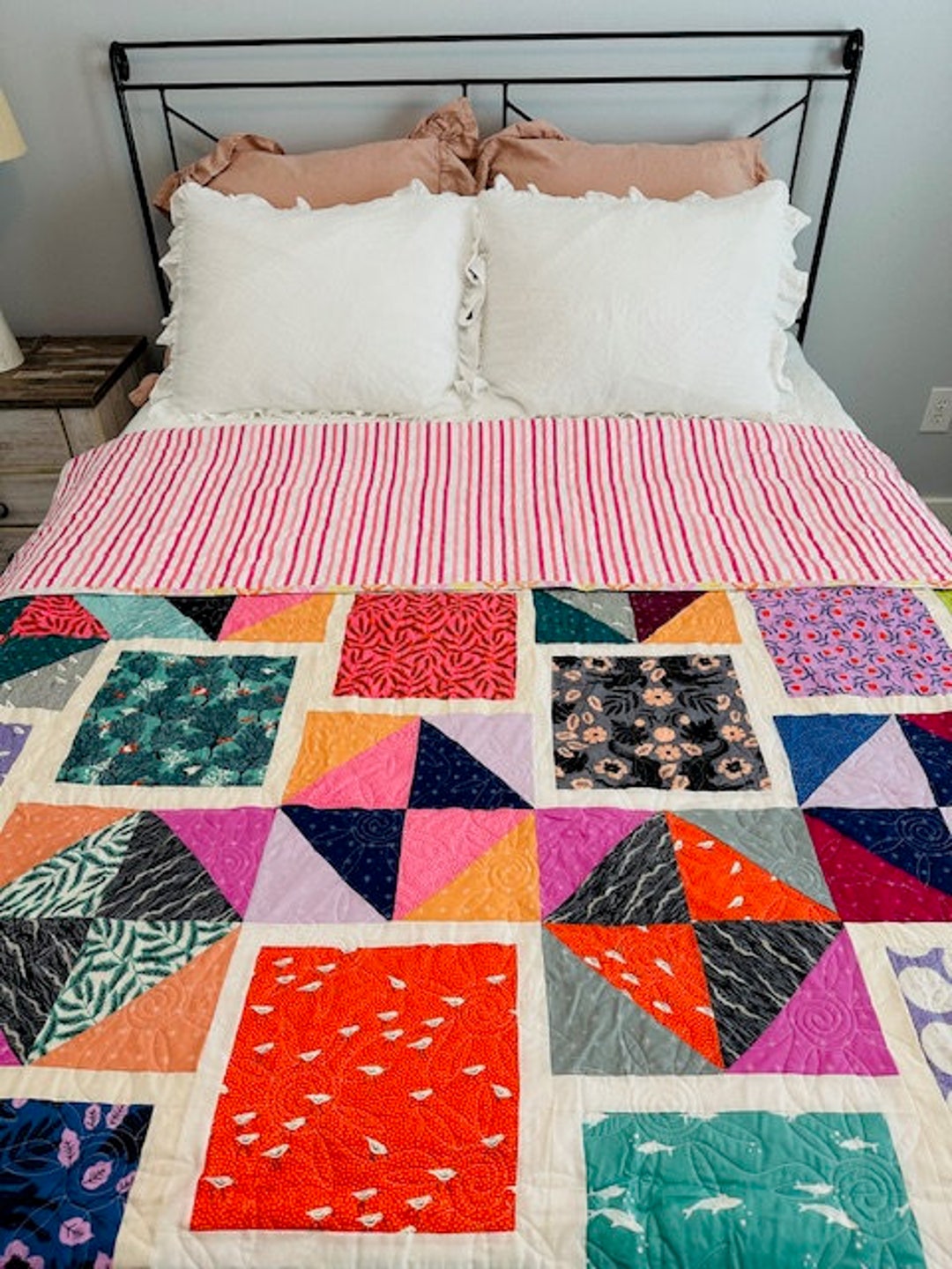 NEW Ruby Star Florida Patchwork Quilt With Vintage Sheet Backing 70x90 ...