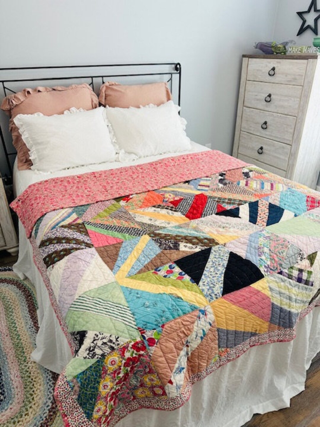 Vintage Patchwork Quilt W/ Rose Backing - Etsy