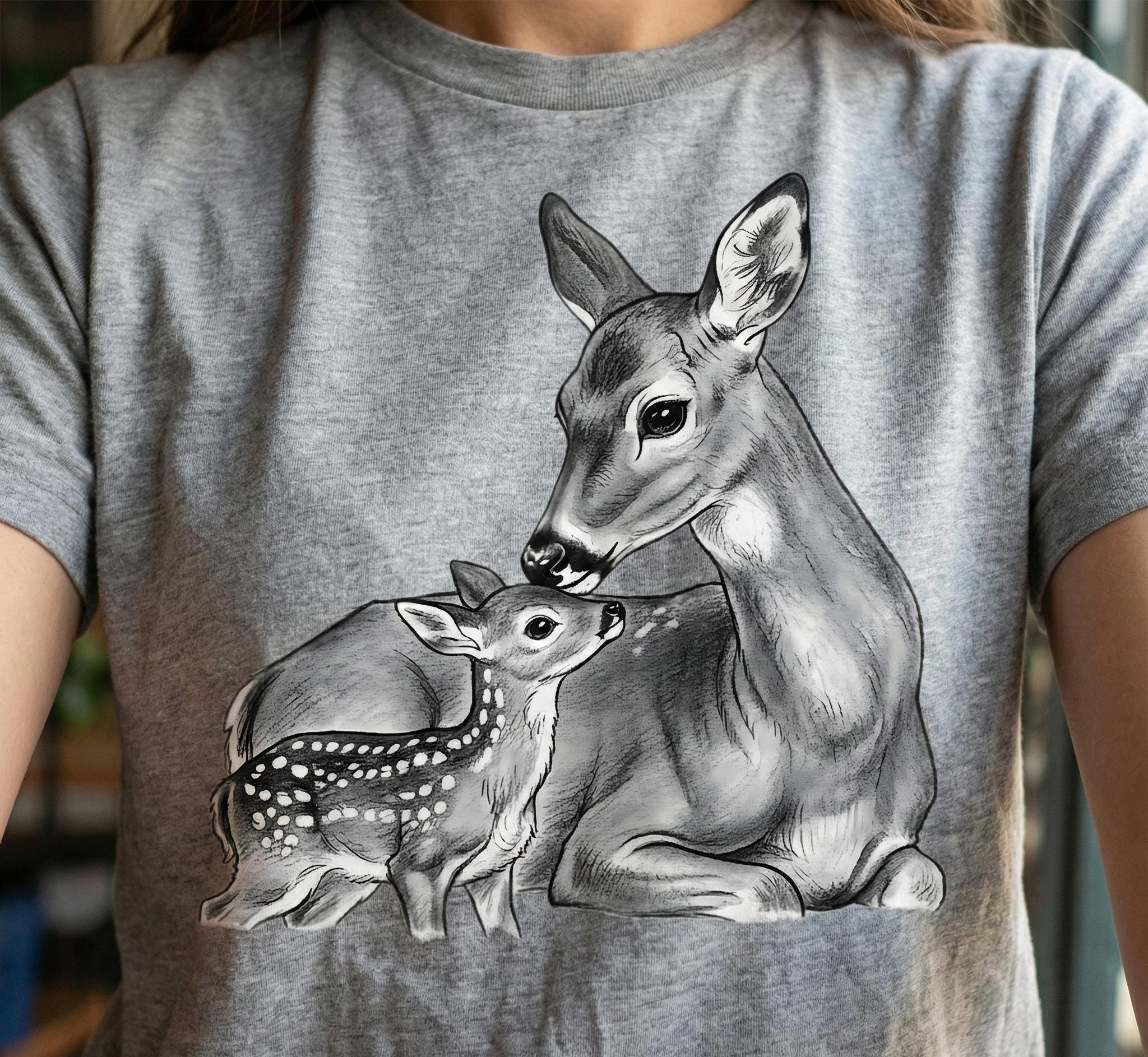 Neutral Deer Drawing PNG, Baby Fawn Deer With Mom Clipart Line Art for ...