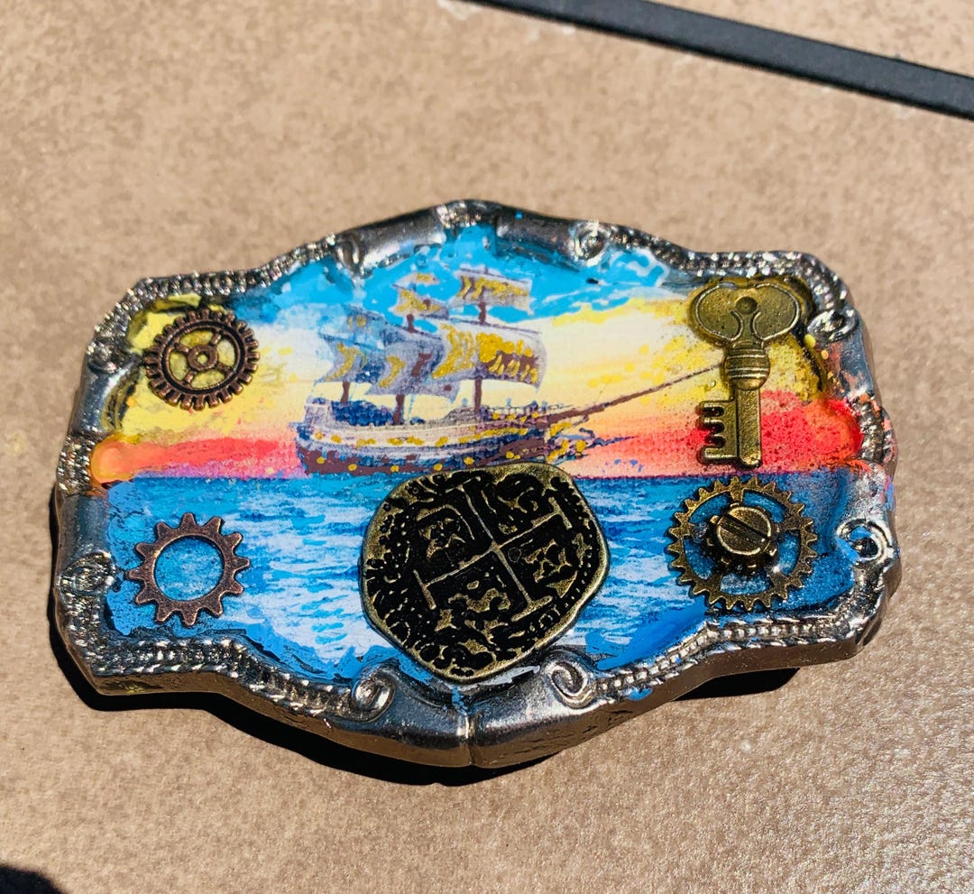 Belt Buckle, Mini Pirates Ship Ocean Painting With Spanish Bullion Coin ...