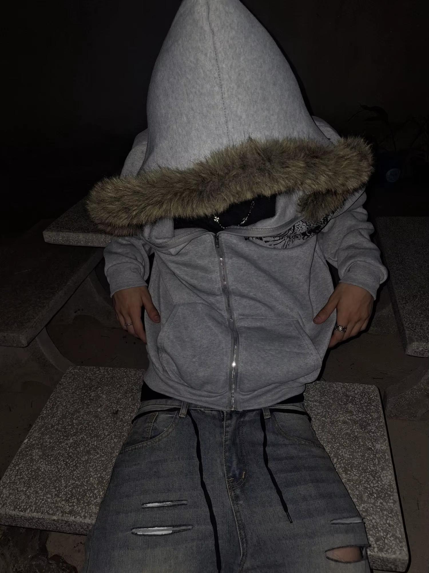 Y2K Unisex Black & Grey Emo Goth Zip-up Hoodie With Faux Fur Hood ...