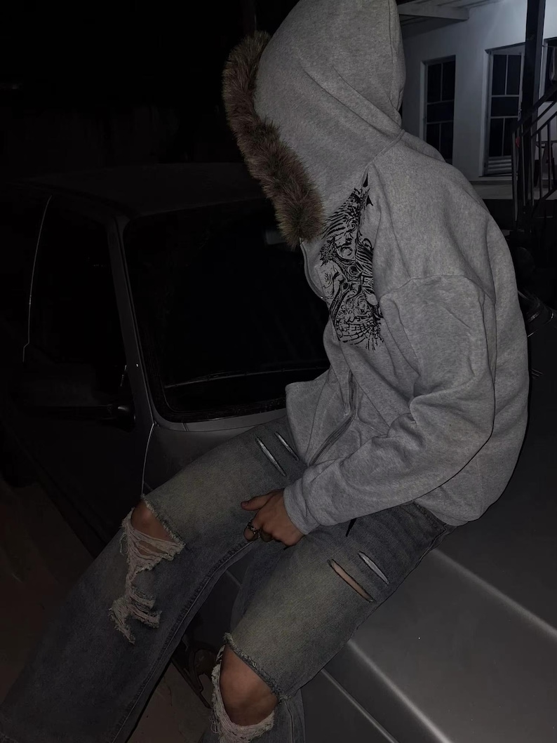 Y2K Unisex Black & Grey Emo Goth Zip-up Hoodie With Faux Fur Hood ...