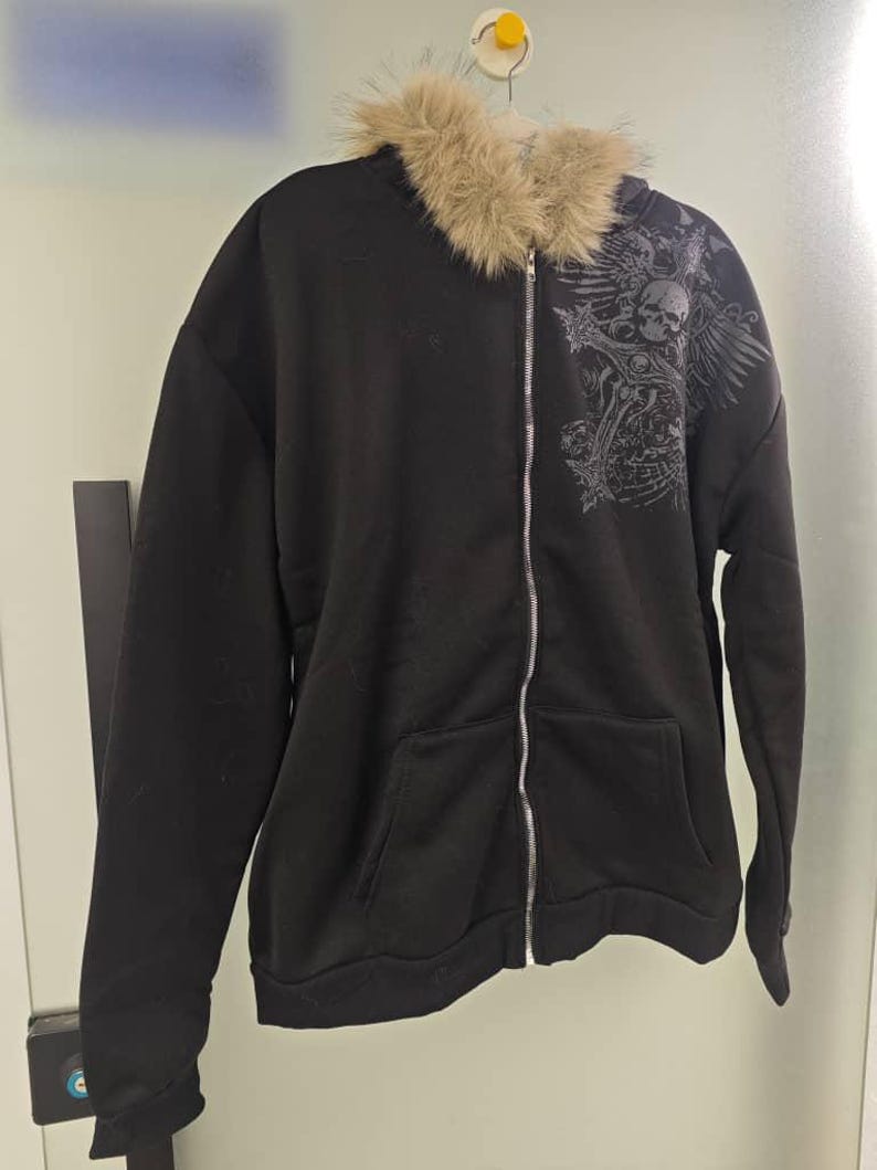 Y2K Unisex Black & Grey Emo Goth Zip-up Hoodie With Faux Fur Hood ...