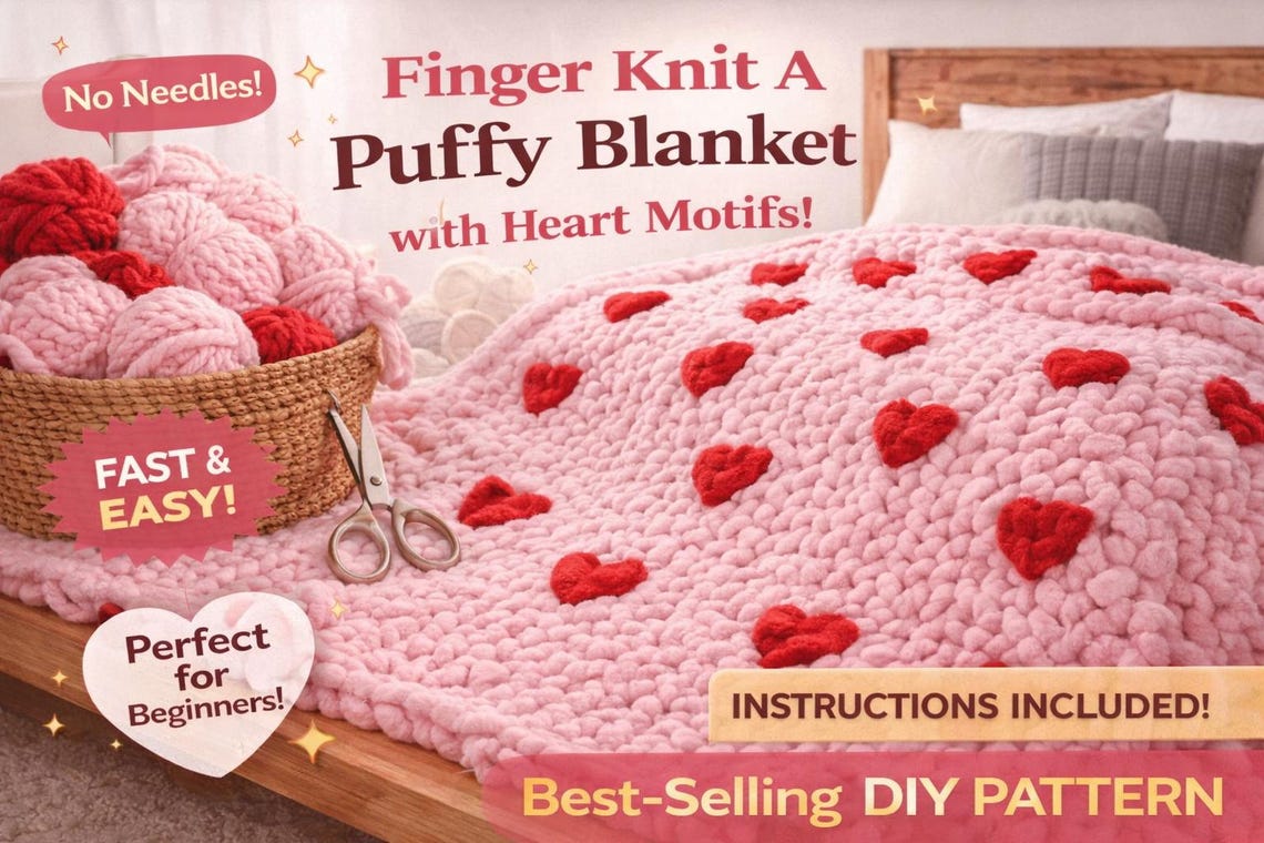 Chunky Loop Yarn Heart Blanket Pattern – Finger Knit Puffy Blanket PDF ...