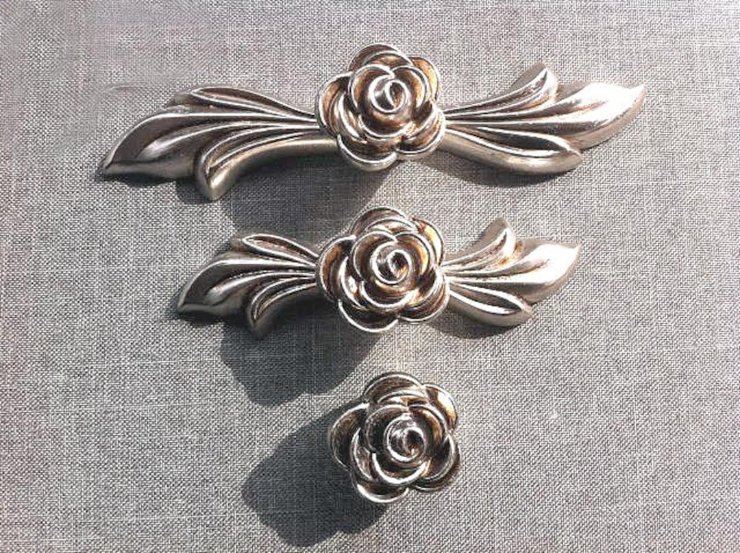Rose Shabby Chic Dresser Drawer Pulls Handles / Antique Silver Flower ...