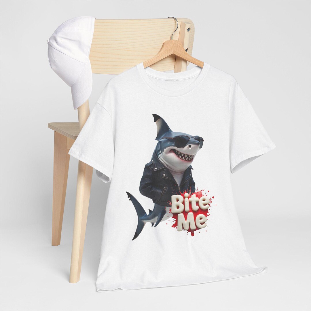 Biker Shark 'bite Me' Tee | Shark Cartoon Graphic T-shirt - Etsy