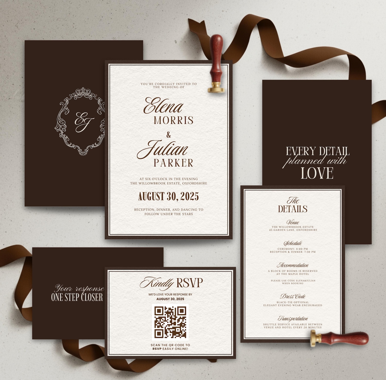 Elegant Dark Brown Wedding Invitation Suite, Old Money Wedding Invite ...