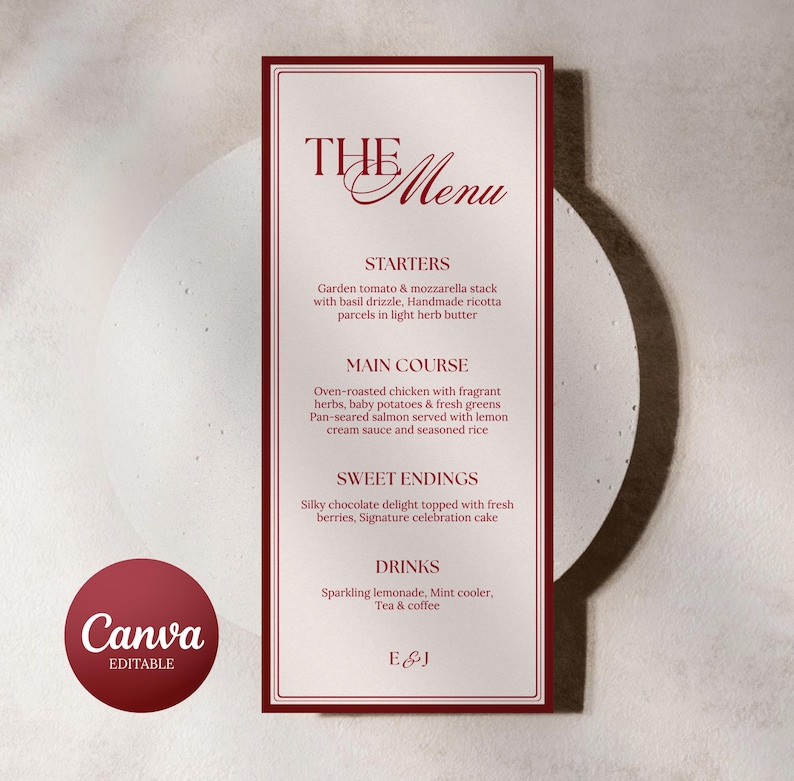 Old Money Wedding Menu Card Template Elegant Burgundy Dinner Menu Card ...
