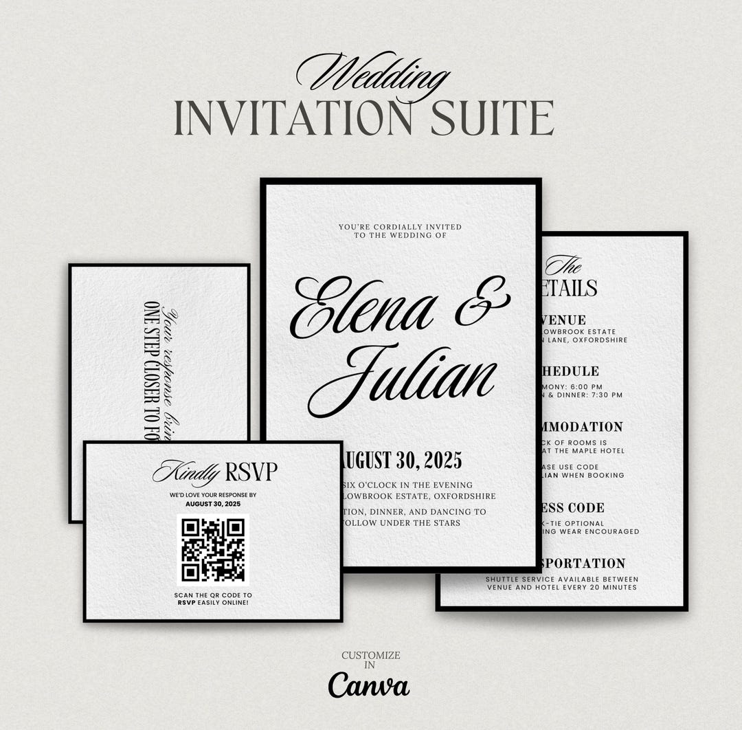 Classic Old Money Wedding Invitation Suite Elegant Luxury Black White ...
