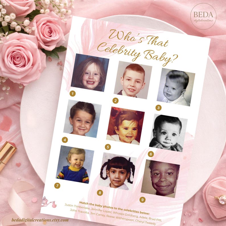 Who’s That Celebrity Baby Game | Pink Baby Shower Game | Elegant ...