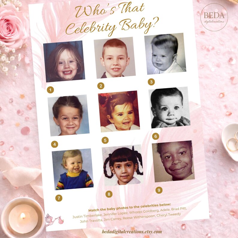 Who’s That Celebrity Baby Game | Pink Baby Shower Game | Elegant ...
