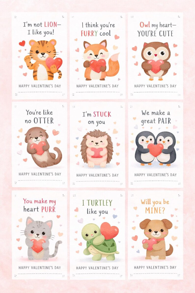 Printable Valentine Cards for Kids, Cute Animal Valentines, Classroom ...