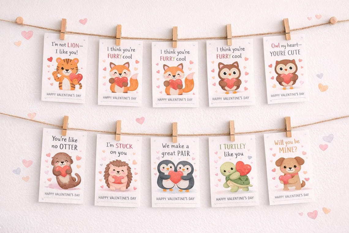 Printable Valentine Cards for Kids, Cute Animal Valentines, Classroom ...